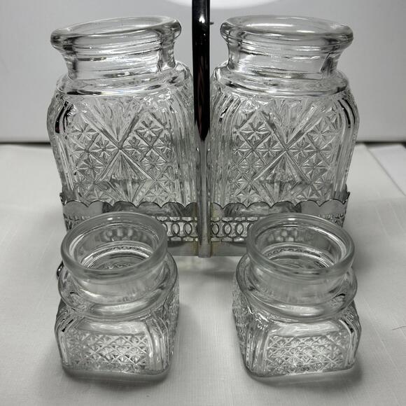 Dining | Vintage Pressed Glass Condiment Set Silver Tone Caddy 4 Piece ...